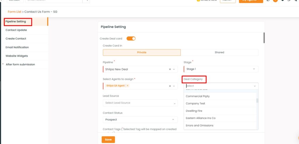 Deal Category Mapping in Form Automation - InsuredMine CRM