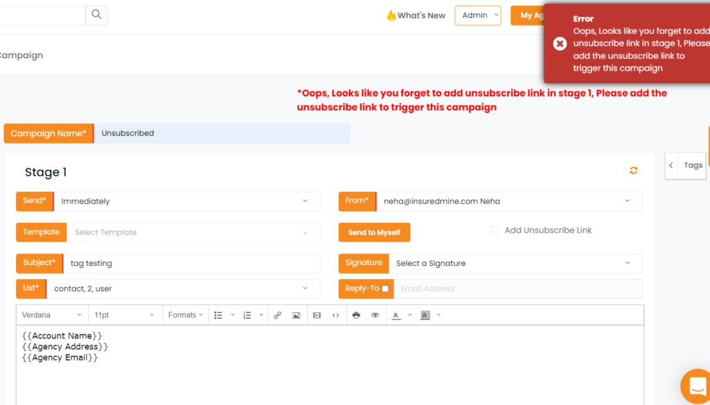 Unsubscribe link mandatory in an email campaign - InsuredMine CRM ...