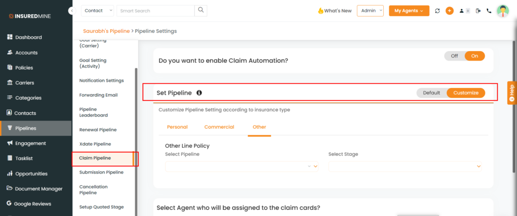 Insurance Type option in Claim pipeline automation - InsuredMine CRM ...